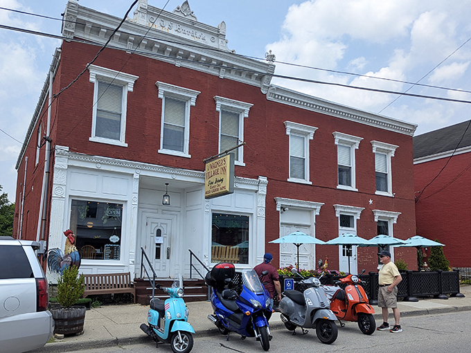 Wagner's Village Inn stands proudly in Oldenburg, where red brick meets culinary dreams and roosters announce greatness.