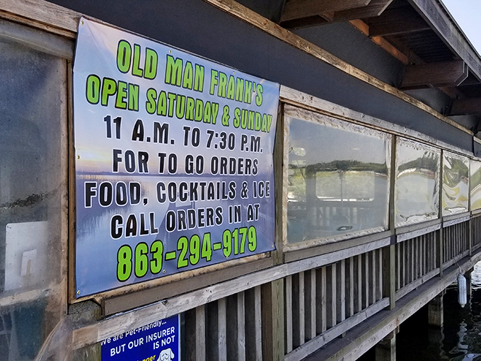 The sign says it all - open weekends only, which in Florida time translates to "whenever the fish are biting and the beer is cold."