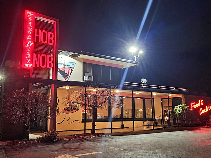 The neon glow of HOBNOB's sign cuts through the night like a beacon for hungry souls seeking refuge from mediocre meals.