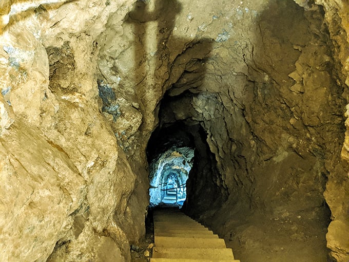 The stairway to subterranean heaven beckons with mysterious lighting and ancient stone walls. Indiana Jones would approve of this adventure's dramatic entrance.
