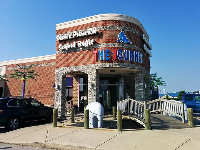The Journey's exterior promises seafood adventures with its bold blue signage and welcoming bridge entrance. Nautical dreams begin at this unassuming Indianapolis treasure.