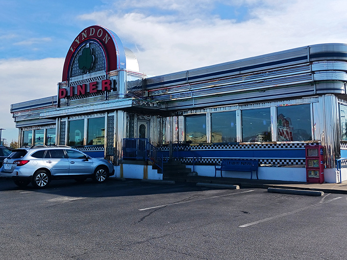 The gleaming stainless steel exterior of Lyndon Diner shines like a beacon of hope for hungry travelers. Classic Americana at its finest.