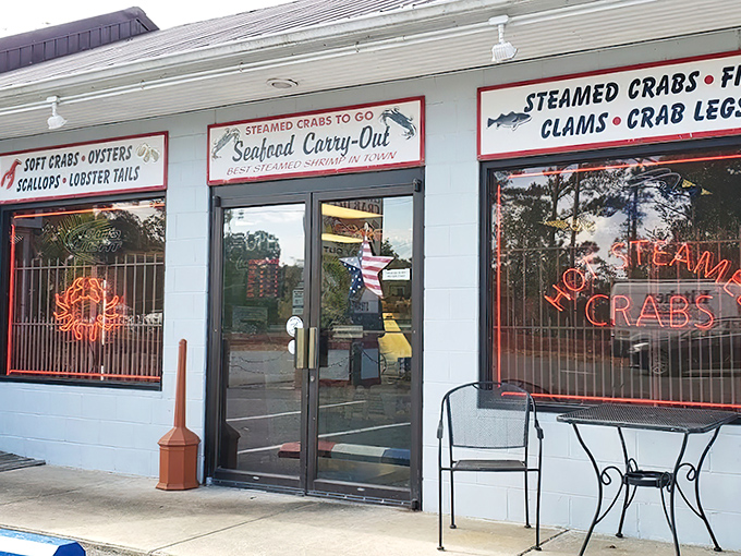 The seafood siren call of Crisfield! Those neon crab signs aren't just decoration&mdash;they're beacons guiding hungry Marylanders to their happy place.