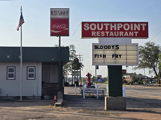 Classic Americana at its finest! The Southpoint Restaurant's vintage signage promises two Wisconsin essentials: Bloody Marys and that legendary Friday fish fry.