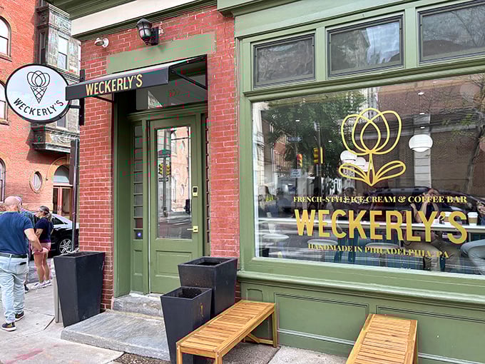 The mint-green storefront of Weckerly's beckons like a cool oasis on a hot Philly day, promising French-style ice cream treasures within. 
