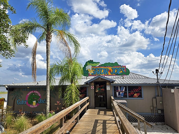 The iconic Gator Joe's entrance beckons with its wooden boardwalk and palm trees&mdash;Florida's version of a yellow brick road to seafood paradise.