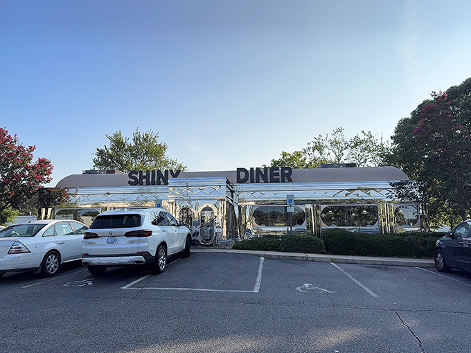 Chrome dreams come true at The Shiny Diner, where the exterior gleams like a time machine ready to transport you back to the golden age of American dining.