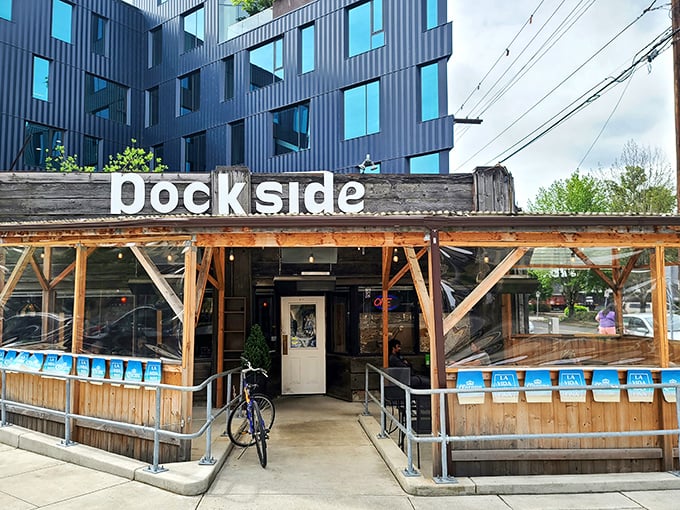 Nestled between modern Portland, this wooden gem looks like it time-traveled from a friendlier era.