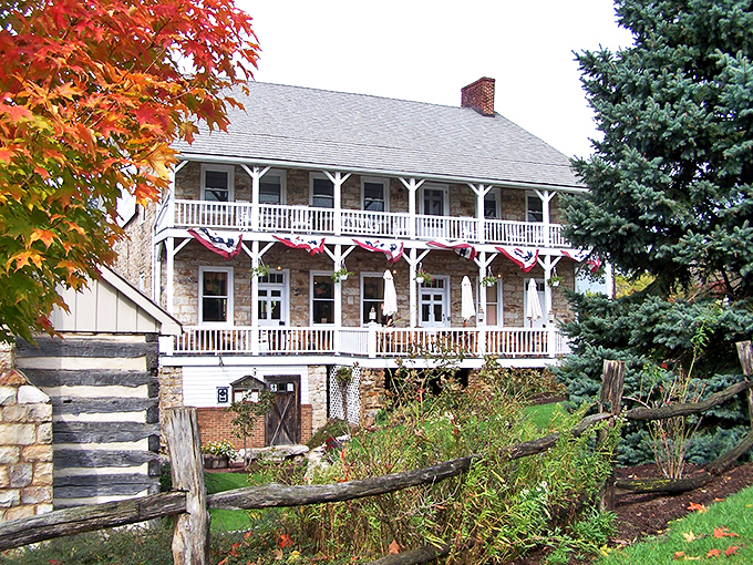 Stone walls that have witnessed centuries of American history stand proudly under Pennsylvania skies. The Jean Bonnet Tavern's exterior is a postcard from the past.