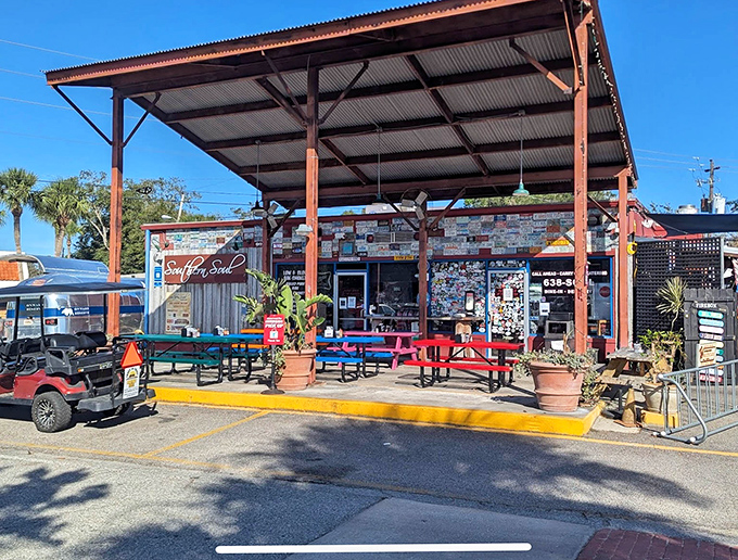 This weathered barbecue fortress stands ready to defend St. Simons Island against bland food everywhere.