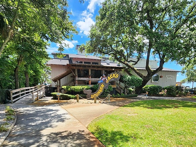Welcome to seafood paradise! Drunken Jack's rustic exterior, complete with that iconic anchor sign, promises maritime delights under South Carolina's blue skies.