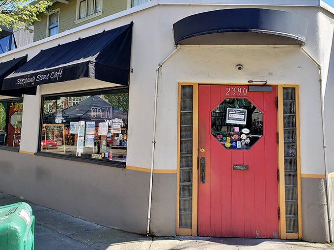 That iconic red door isn't just an entrance&mdash;it's a portal to breakfast nirvana. Stepping Stone's exterior promises comfort without pretension.