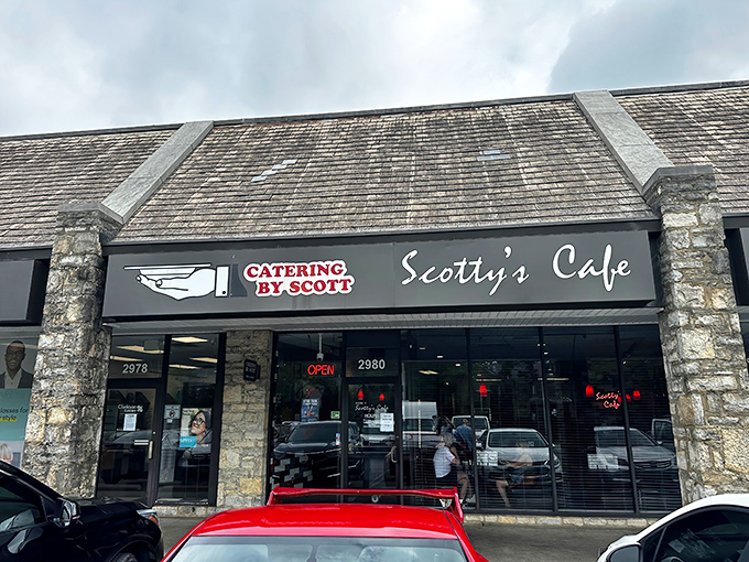 Scotty's Cafe nestles into a strip mall with understated charm. The simple exterior belies the breakfast magic happening inside.