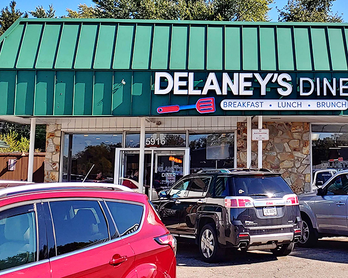 That teal awning isn't just a color choice&mdash;it's a beacon of breakfast hope in Westerville's strip mall landscape. Stone facade adds a touch of rustic charm.