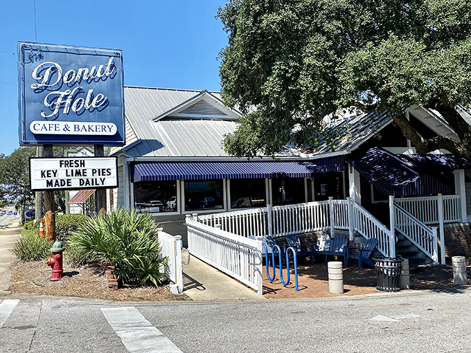 The iconic blue sign beckons hungry travelers like a breakfast lighthouse on Destin's shoreline. Fresh key lime pies made daily? Say no more.