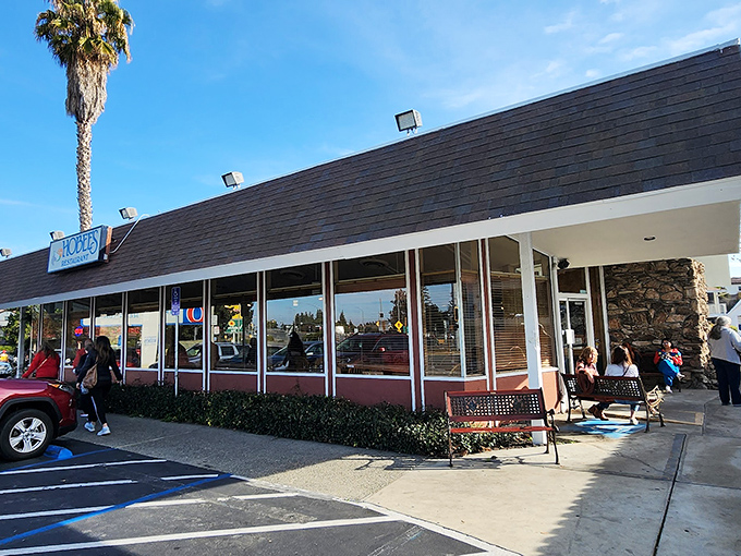 The unassuming exterior of Hobee's hides a breakfast paradise within. Silicon Valley's best-kept secret sits behind those large windows.