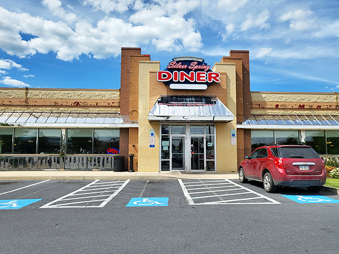 The classic brick facade of Silver Spring Diner stands as a beacon of comfort food in Mechanicsburg, where neon promises and home cooking await hungry travelers.