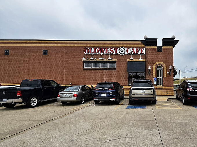 The brick facade of Oldwest Cafe stands like a culinary fortress in Denton, promising hearty breakfasts without pretension or apology.