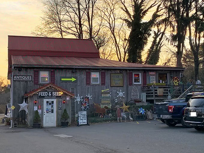 The weathered wooden exterior of Hidden Treasures isn't just selling antiques&mdash;it practically is one. Pennsylvania sunset optional, but highly recommended.