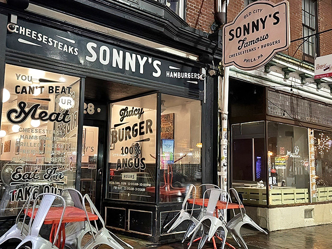 The black and white storefront speaks volumes: no gimmicks needed when you're serving Philadelphia's iconic sandwich with this much confidence.