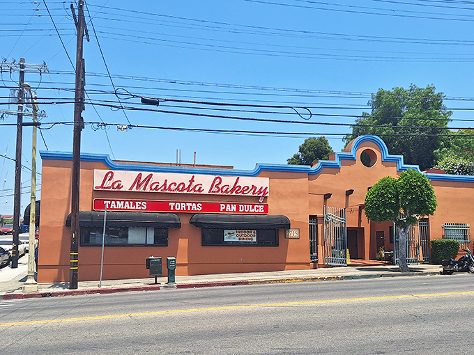 The iconic storefront of La Mascota Bakery stands proudly in Boyle Heights, its vintage sign promising three pillars of Mexican comfort: tamales, tortas, and the star attraction&mdash;pan dulce.