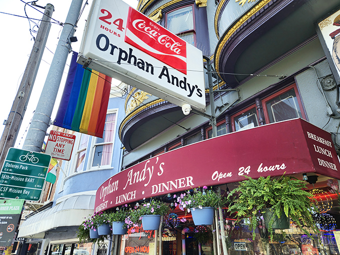 The Castro's 24-hour beacon of breakfast bliss beckons with its vintage Coca-Cola sign and cheerful planters&mdash;a neon-lit promise of comfort food at any hour.