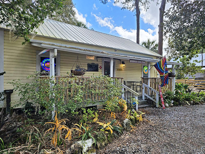 The yellow clapboard exterior of Mosswood Farm Store beckons like a time machine to Old Florida, complete with a charming porch that practically whispers "come on in."