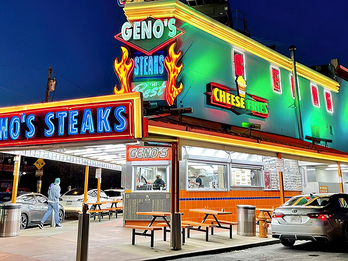 Neon paradise! Geno's Steaks lights up South Philly like Vegas on a cheesesteak budget, beckoning hungry pilgrims to its fluorescent shrine.