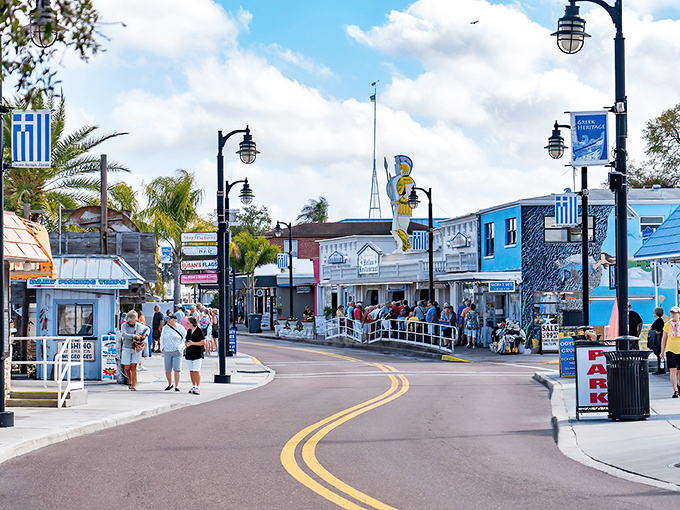 Dodecanese Boulevard welcomes visitors with its distinctive blue and white color scheme, Greek flags fluttering in the Gulf breeze &ndash; a slice of the Aegean in Florida. 