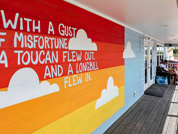 The cheerful blue exterior of LongBill's with its vibrant sunset mural practically screams "fresh seafood inside!" Those colorful Adirondack chairs are calling your name.