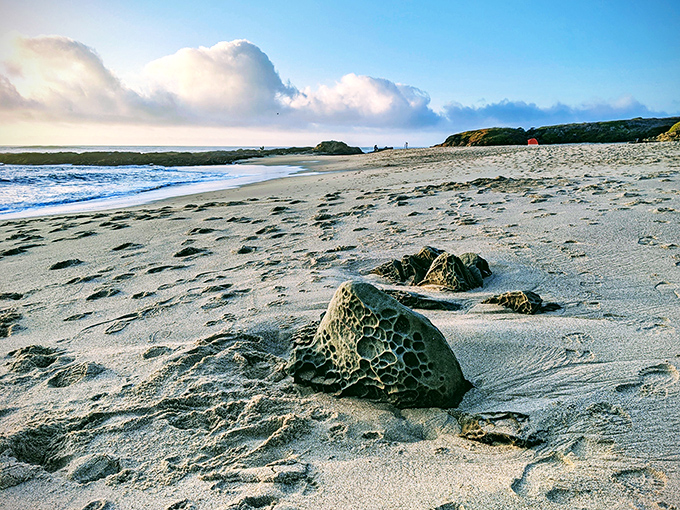 Nature's artistry on full display: tafoni-patterned rocks rest on pristine sand while dramatic clouds frame the coastline's gentle curve.