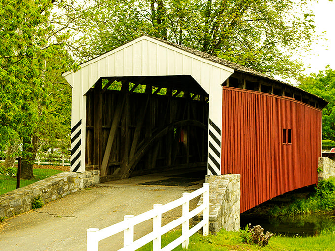 The classic red siding and white-trimmed entrance of Willow Hill Covered Bridge create that quintessential Pennsylvania postcard moment you'll want to frame.