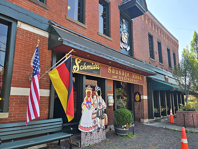 The brick fa&ccedil;ade of Schmidthaus stands like a time portal to old-world Germany, complete with American and German flags announcing its delicious dual citizenship.