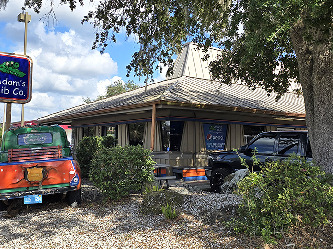 The unassuming exterior of Adam's Rib Co. proves once again that in barbecue, it's what's inside that counts. Metal roof, modest signage, heavenly aromas.