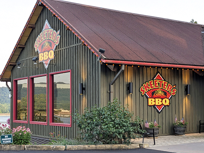 Skeeter's BBQ glows like a barbecue beacon in the night, with string lights and that iconic red trim beckoning hungry travelers to stop and stay awhile.