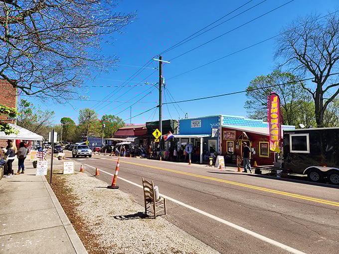 Main Street comes alive during festival season, where locals and visitors mingle under Missouri's impossibly blue skies. Small-town America at its most authentic.