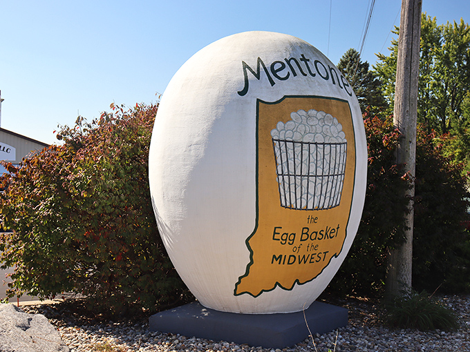 Mentone's giant egg stands proudly against the Indiana sky, declaring the town's poultry heritage with unabashed Midwestern pride.