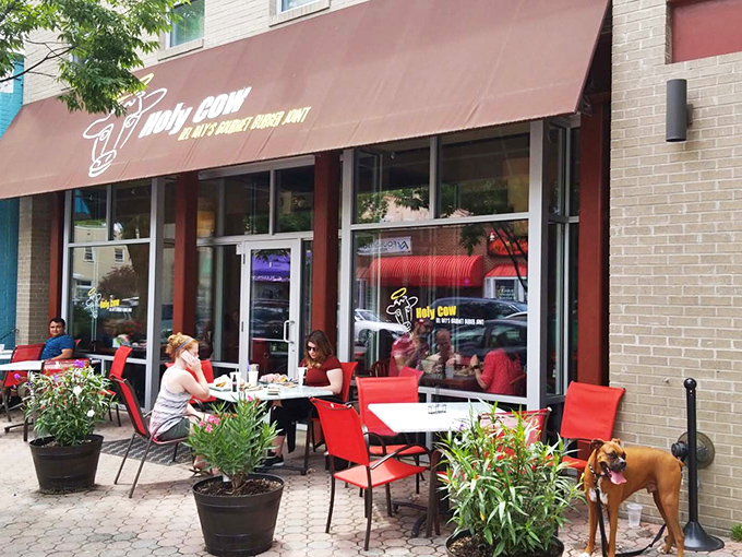 Holy Cow's inviting storefront in Del Ray beckons burger enthusiasts with its simple maroon awning and heavenly bovine logo&mdash;a preview of the divine experience within.