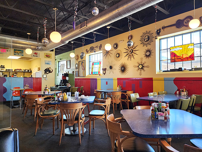 Colorful walls and quirky décor make dining here a fun experience where every meal feels cheerful and inviting.