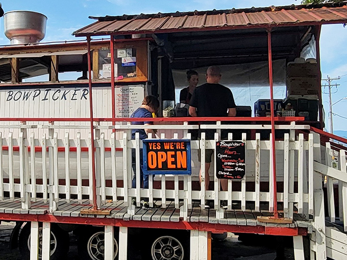 The Columbia sits proudly on dry land, ready to serve seafood dreams to hungry landlubbers.