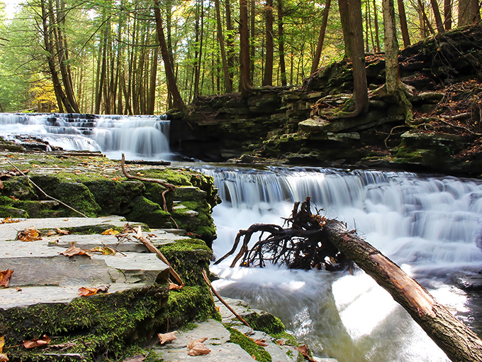 The three-tiered waterfalls at Salt Springs give Niagara a run for its money&mdash;if Niagara were intimate, peaceful, and came with ancient hemlocks as bodyguards.