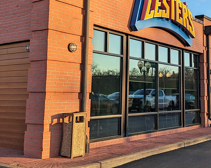 The bright blue Lester's sign beckons like a lighthouse for the sandwich-starved, promising delicious refuge even on rainy days.