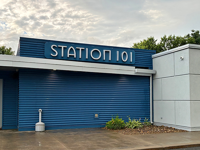 The blue facade of Station 101 stands like a culinary lighthouse in DuBois, beckoning hungry travelers with its modern, clean lines and promise of good eats.