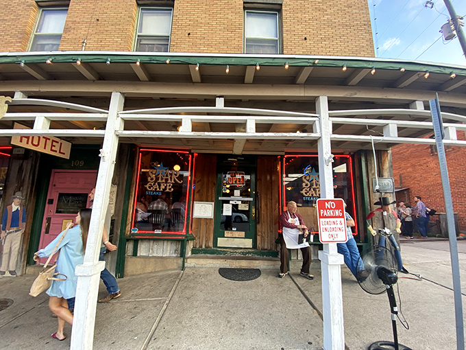 The Star Cafe's brick exterior stands as a time capsule on Fort Worth's Exchange Avenue, where hungry cowboys and curious tourists have been finding common ground for generations.