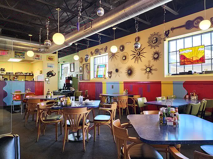 Colorful walls and quirky d&eacute;cor make dining here a fun experience where every meal feels cheerful and inviting.