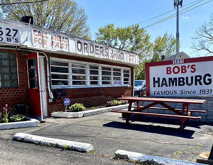 Bob's Hamburg sits proudly on its corner, a brick testament to decades of burger perfection.