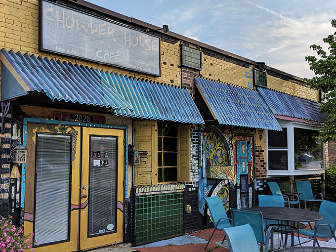 The yellow brick exterior with vibrant blue awnings stands like a cheerful anomaly in Ohio—a coastal daydream that somehow materialized in the Midwest.