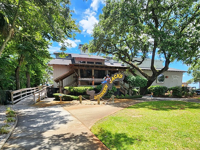 Welcome to seafood paradise! Drunken Jack's rustic exterior, complete with that iconic anchor sign, promises maritime delights under South Carolina's blue skies.