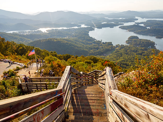 The wooden stairway to heaven! Bell Mountain's observation deck offers a front-row seat to nature's most spectacular show: the Blue Ridge Mountains embracing Lake Chatuge.