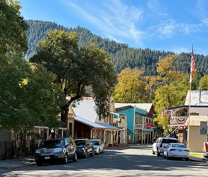Autumn paints Downieville's historic main street in gold, where brick buildings have witnessed more stories than a librarian with insomnia.